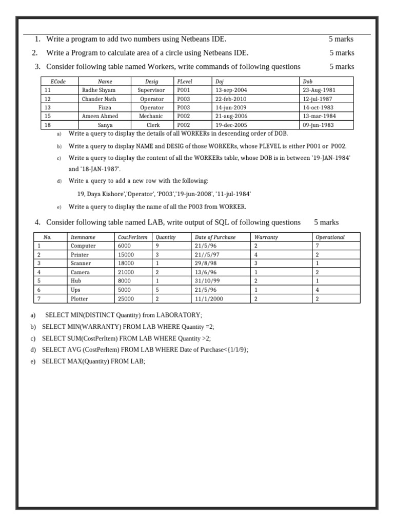 practical practice questions | PDF | Computer Data | Data Management Software