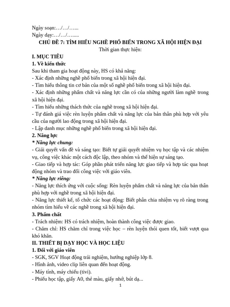 KHDH HĐTN 8 Chủ đề 7 - CTST - Bản 2 - ĐH | PDF