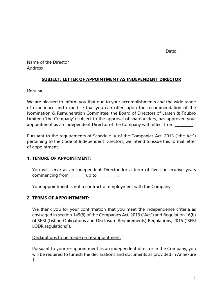 Independent Directors Appointment Letter | PDF | Legal Liability ...