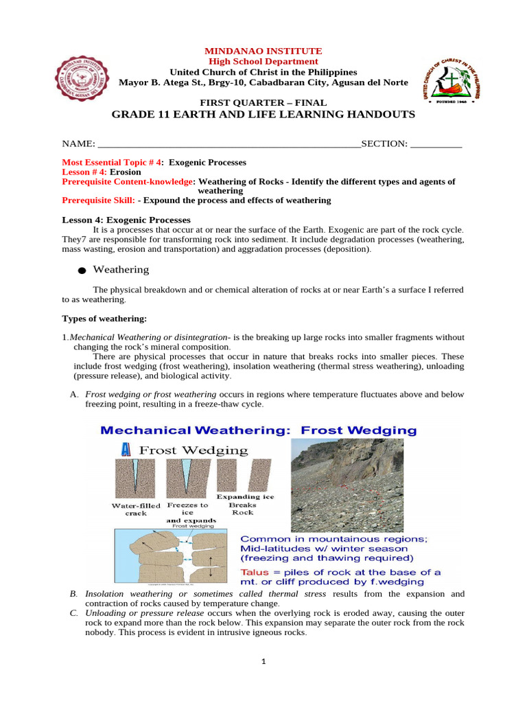 LESSON 4- EXOGENIC PROCESSES | PDF | Erosion | Weathering