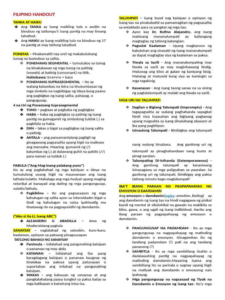 Filipino Handout q2 | PDF