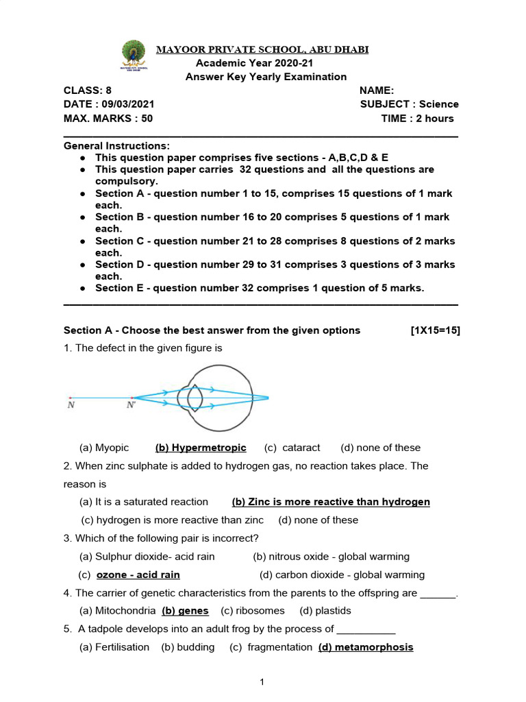 Answer Key - Grade 8-Science Yearly Question Paper 2020-21 | PDF ...