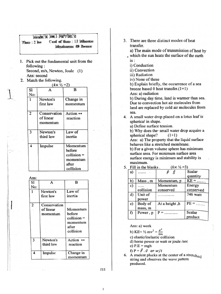 +1 Physics Prev Year QN and Answers | PDF