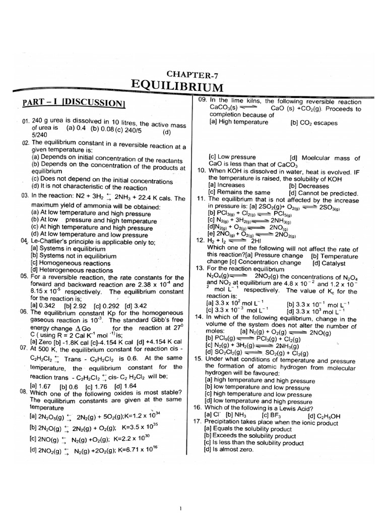Equilibrium Entrance Based MCQ | PDF