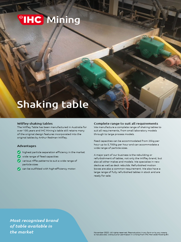 Wilfley Shaking Tables Overview | PDF | Chemical Substances | Metallurgy