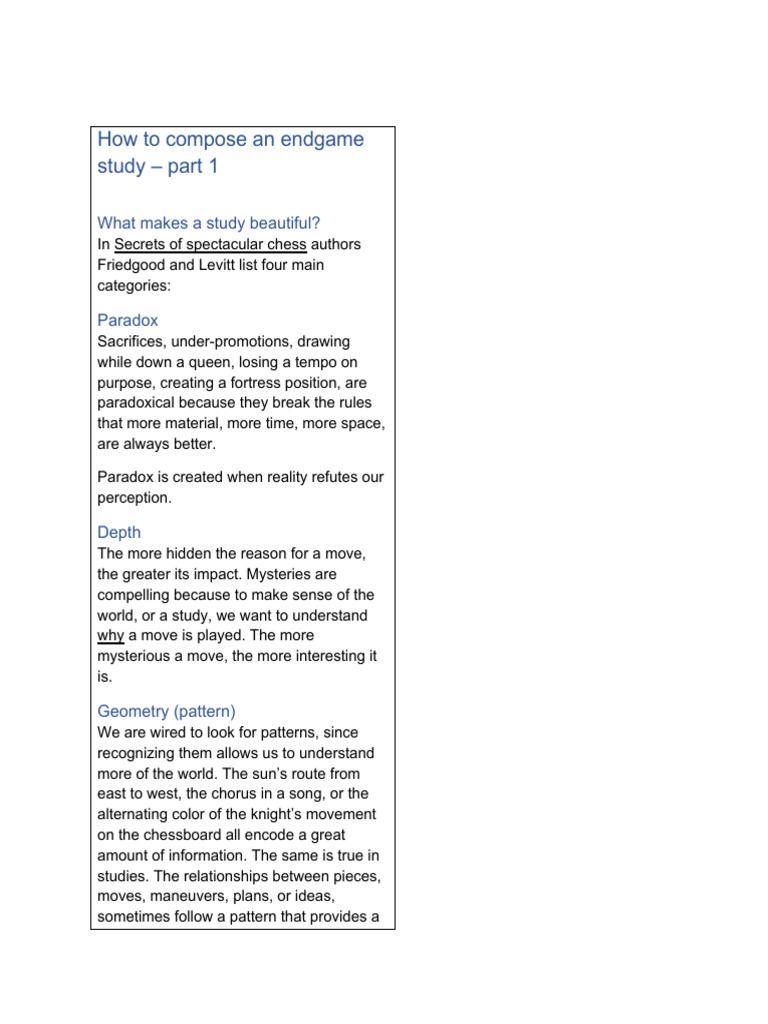How to Compose an Endgame Study - Part 1 (1) | PDF | Traditional Board ...