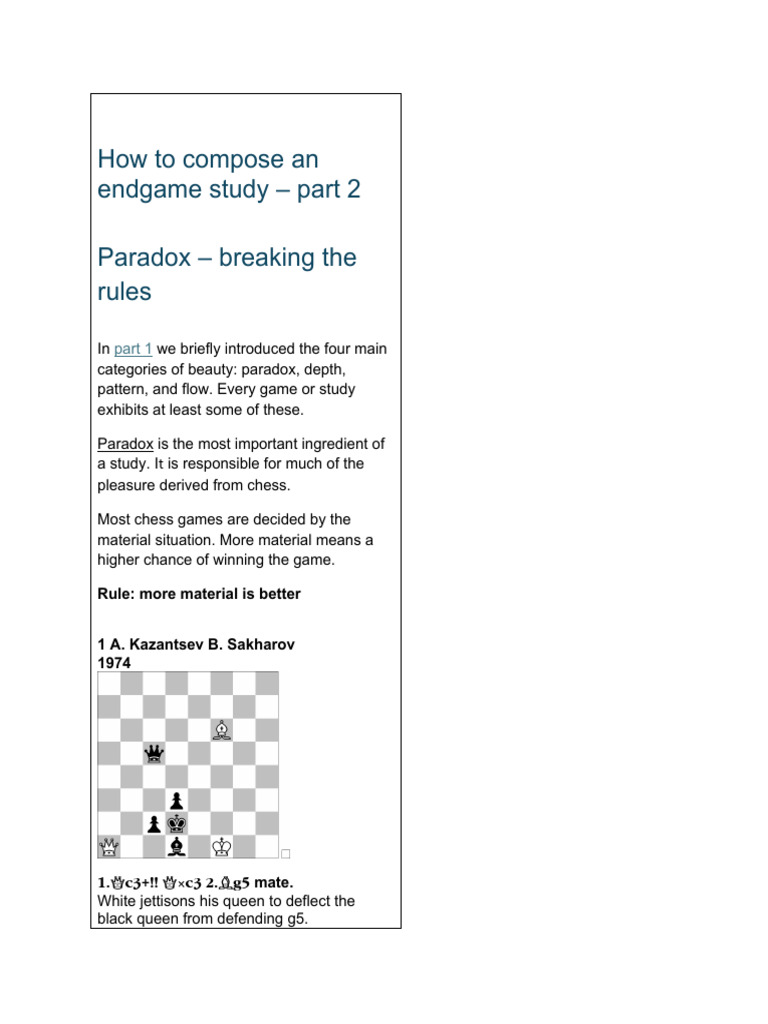 How To Compose An Endgame Study - Part 2 | PDF | Chess | Traditional ...