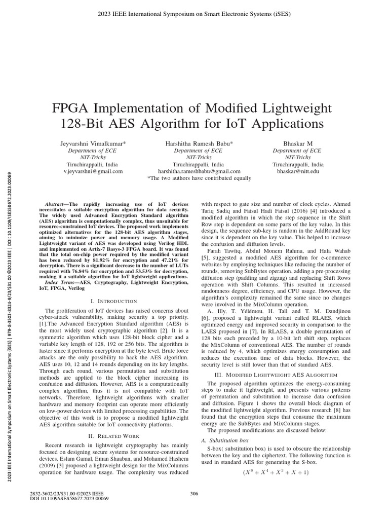 Fpga Implementation Of Modified Lightweight 128 Bit Aes Algorithm For
