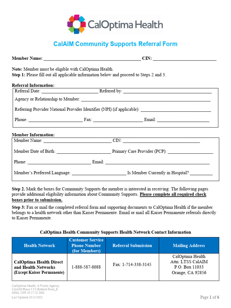 CalOptima CalAIM Program Referral | PDF | Caregiver | Hospital