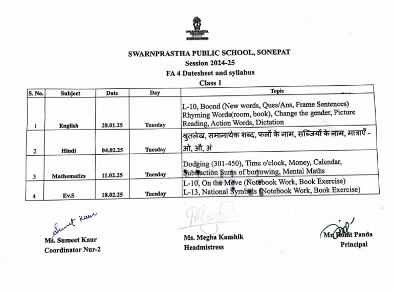 Class 1 FA 4 Datesheet & Syllabus 2024-25 | PDF