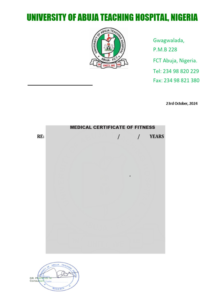 Medical Fitness Certificate for NYSC | PDF