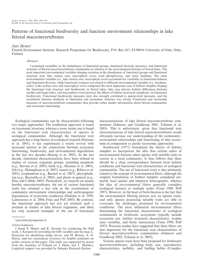 Limnology Oceanography - 2008 - Heino - Patterns of Functional Biodiversity and Function ...