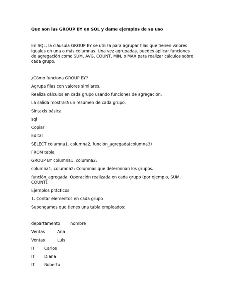 04 Que Son Las GROUP BY en SQL y Dame Ejemplos de Su Uso | PDF | SQL | Programación de computadoras