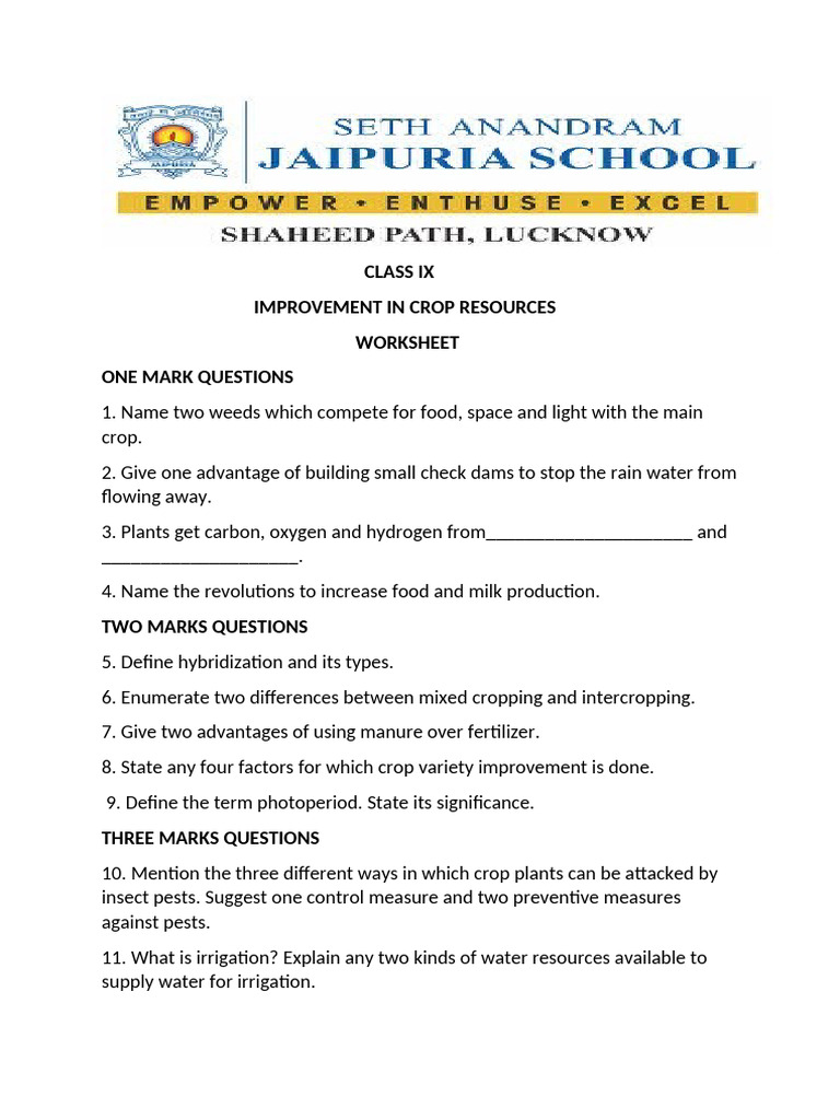 Crop Production Improvement Worksheet | PDF | Agriculture | Manure