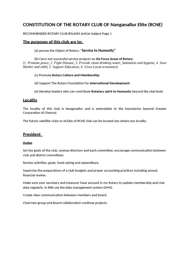 CONSTITUTION OF THE ROTARY CLUB OF Nanganallur Elite (RCNE) | PDF ...