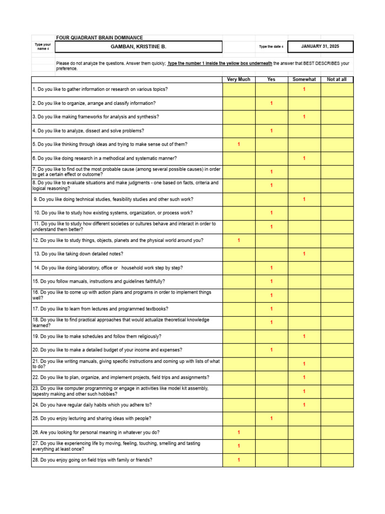 Four Quadrant Brain Dominance Test | PDF | Cognitive Science | Learning