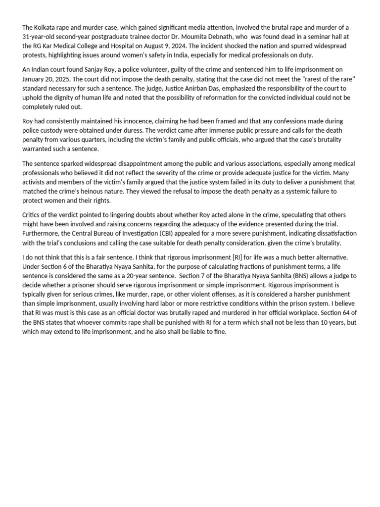 Kolkata Doctor Murder Case Verdict | PDF | Penal Labour | Sentence (Law)