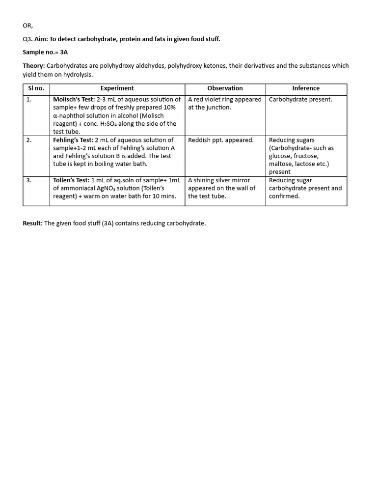 Aim: To Detect Carbohydrate, Protein and Fats in Given Food Stuff. Sample No. 3A Theory | PDF