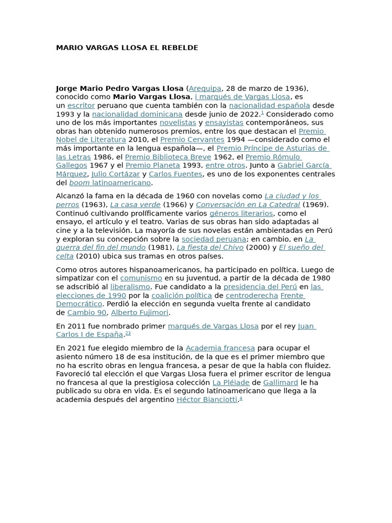 MARIO VARGAS LLOSA EL REBELDE | PDF