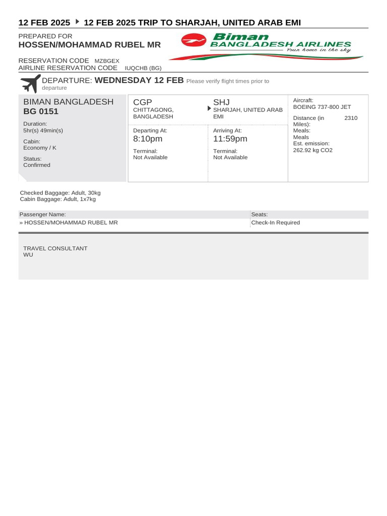 Travel Reservation February 12 for MR MOHAMMAD RUBEL HOSSEN | PDF