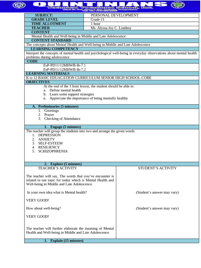Lesson Plan in Perdev | PDF | Mental Disorder | Mental Health