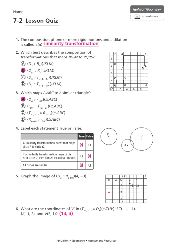 7-2 - Lesson Quiz - Answer Key | PDF | Geometry | Classical Geometry