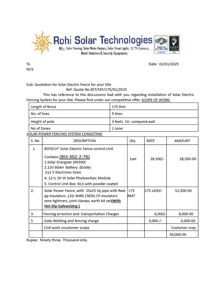 175 RMT 1 (1) Fencing Quotation | PDF | Photovoltaic System | Security ...
