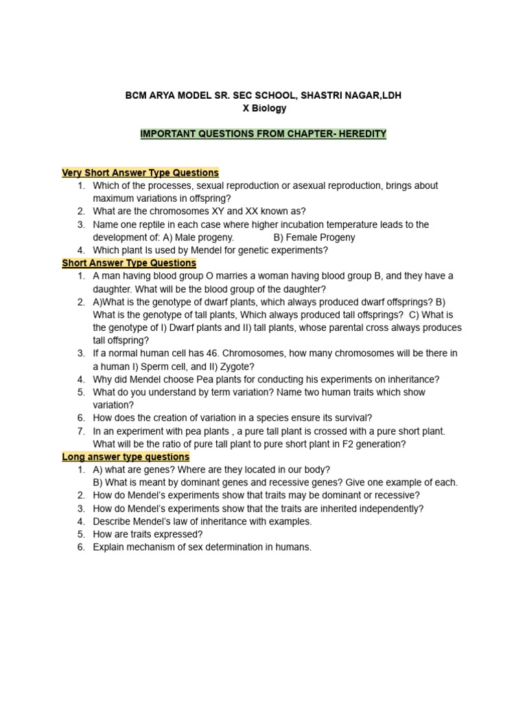 Class 10 heredity most imp questions | PDF