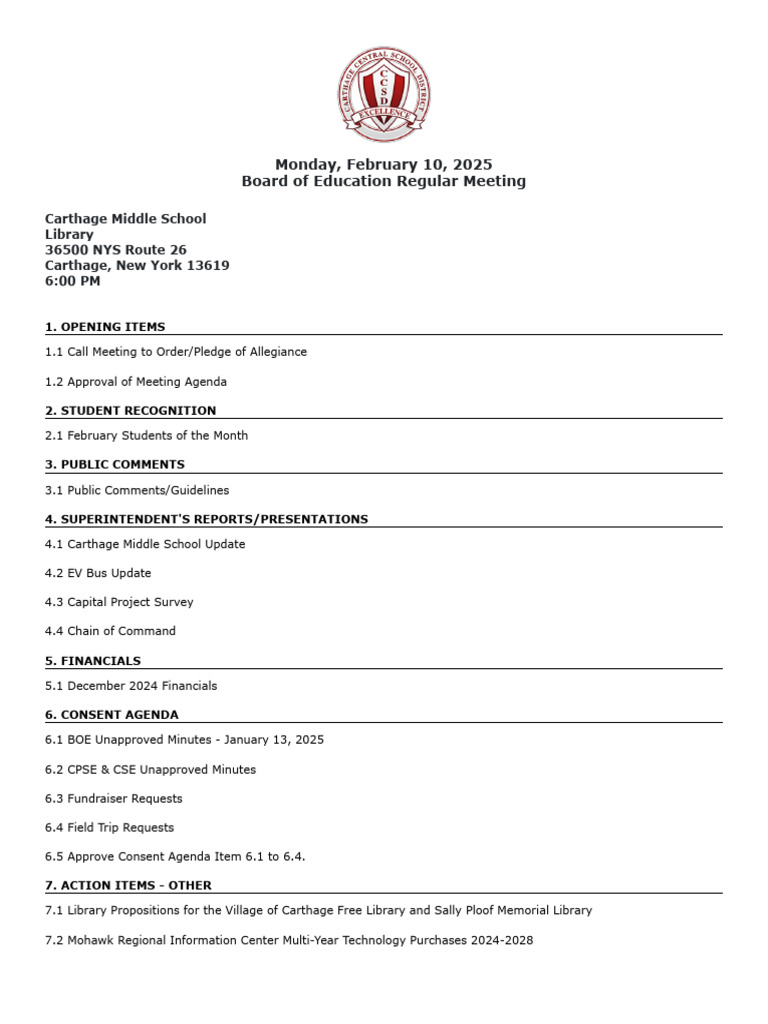 Carthage Central School District Board of Education Agenda Feb. 10 ...