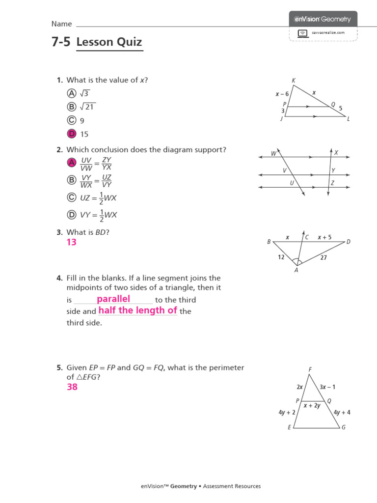 7-5 - Lesson Quiz - Answer Key | PDF | Classical Geometry | Analytic ...