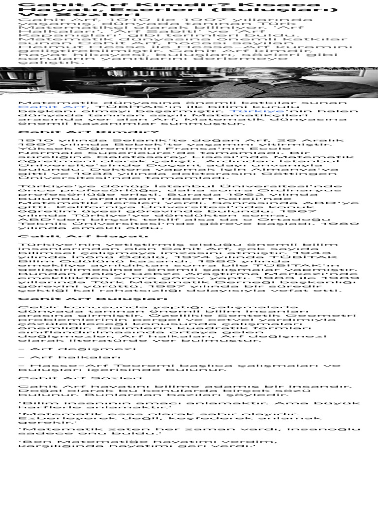 Cahit Arf Kimdir Kısaca Hayatı, Eserleri (Buluşları) Ve Sözleri - en Son Haberler - Milliyet | PDF