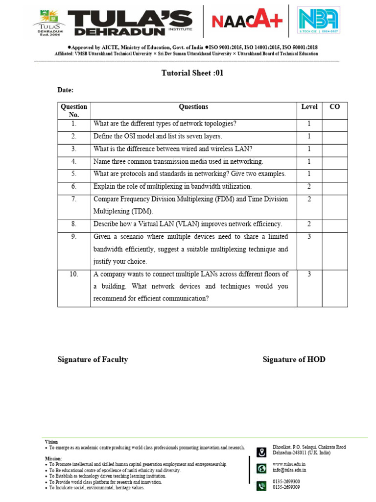 Networking Concepts Tutorial Sheet | PDF | Computer Network | Multiplexing