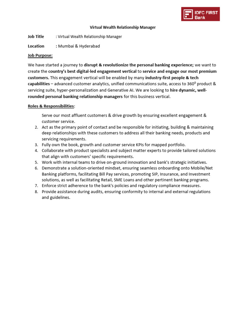 Virtual Wealth Relationship Manager Role | PDF