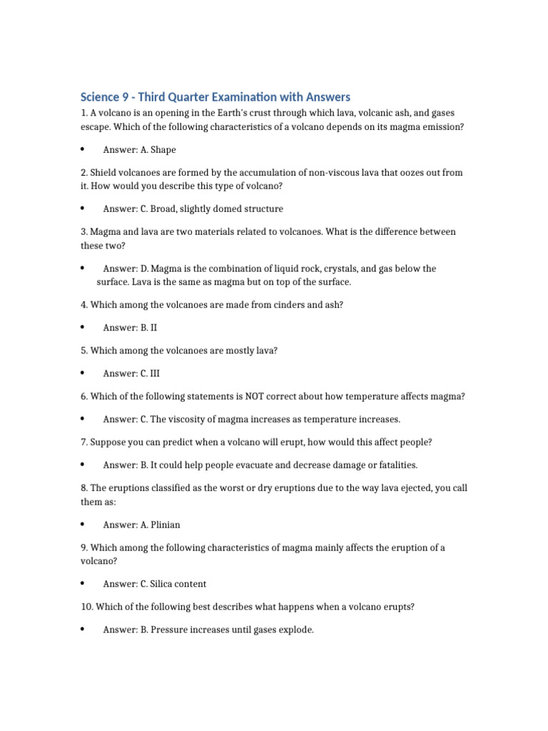 Science 9 Exam Answers | PDF | Volcano | Lava
