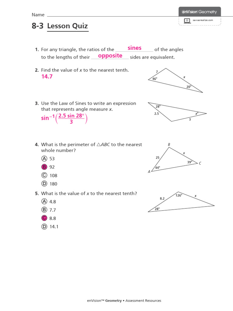 8-3 - Lesson Quiz - Answer Key | PDF