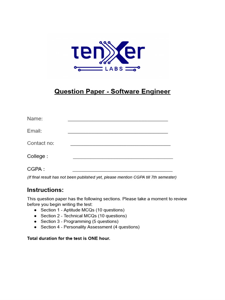 Software Engineer Exam Question Paper | PDF | Class (Computer Programming) | Programming Paradigms