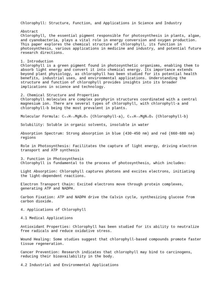 Chlorophyll Structure, Function, A Class Research | PDF ...