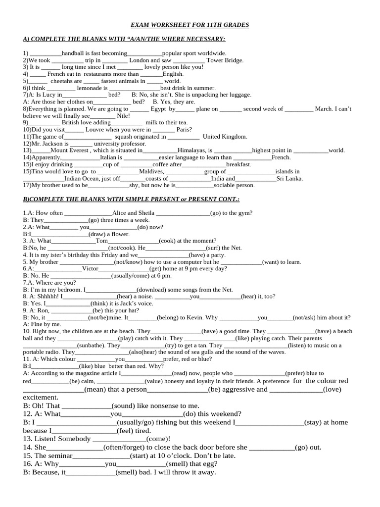 11th Grade English Exam Worksheet | PDF