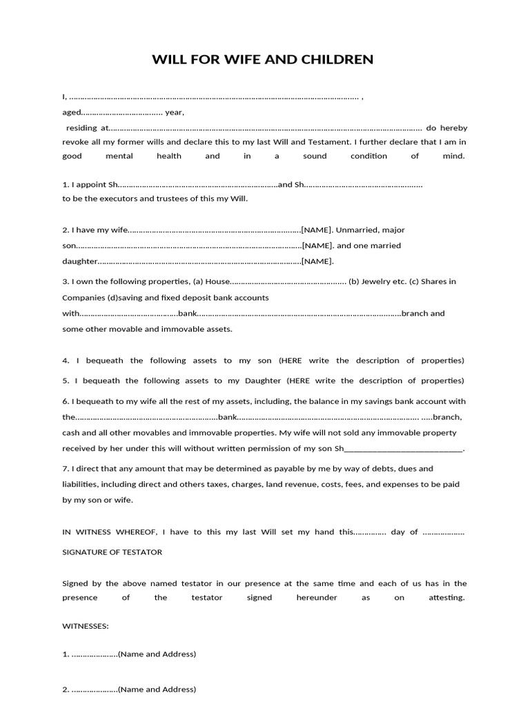 Will Template for Wife and Children | PDF