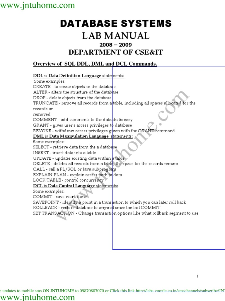 JNTU B.tech DBMS Lab Manual All Queries and Programs | PDF | Relational ... JNTU B.tech DBMS Lab Manual All Queries and Programs | PDF | Relational ...