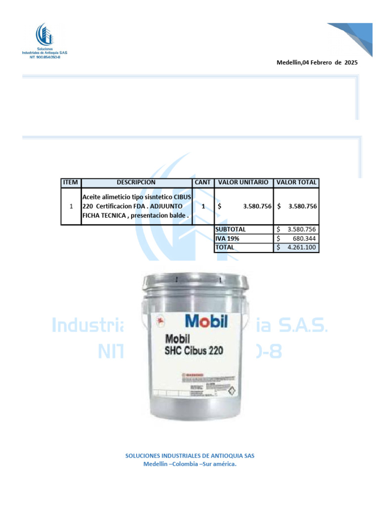 Cotización Aceite CIBUS 220 para Fresh Colombia | PDF