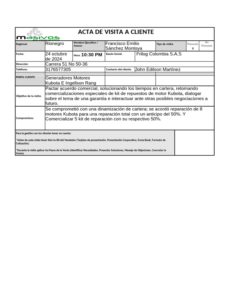 Acta de Visita Comercial a Frilog Colombia | PDF