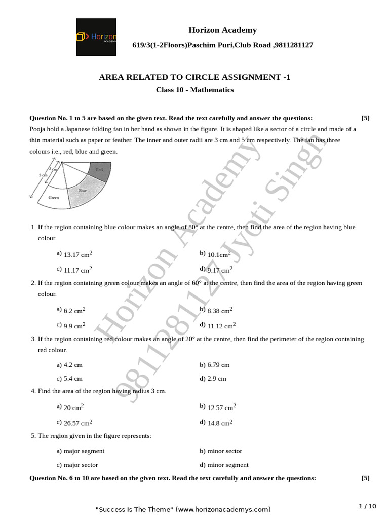 Area Related To Circle Assignment - 1 | PDF | Circle | Area