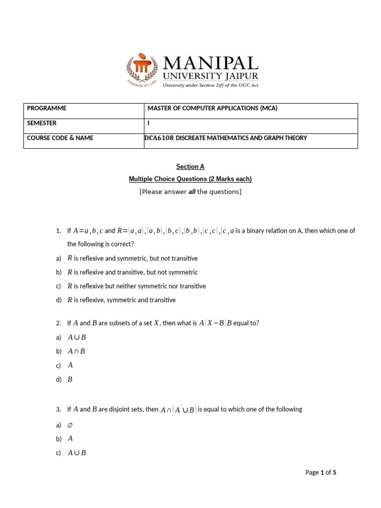 Manipal - MCA - Discreate - Mathemaits - GraphTheory - Model - Question Paper | PDF | Discrete ...