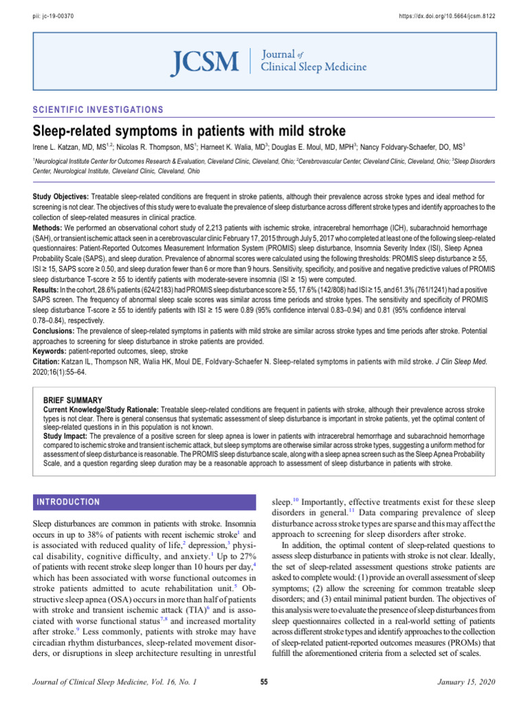 2020 Sleep Related Symptoms in Patients With Mild Stroke | PDF | Stroke ...