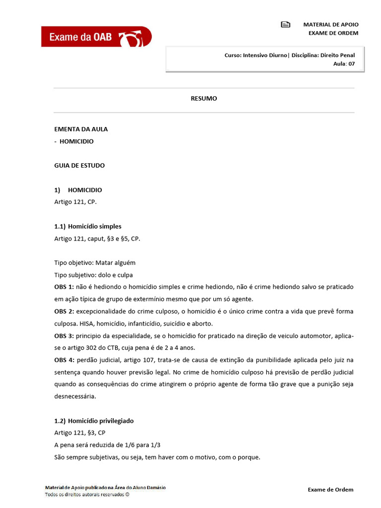 Resumo-Direito Penal-Aula 07-Homicidio-Denis | PDF | Homicídio | Violência