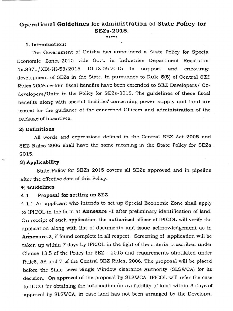 Operational Guidelines For SEZ Policy 2015 | PDF