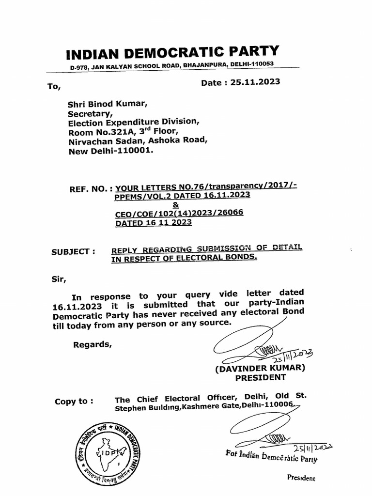 Indian Democratic Party: in Response To Your Query Vide Letter Dated | PDF