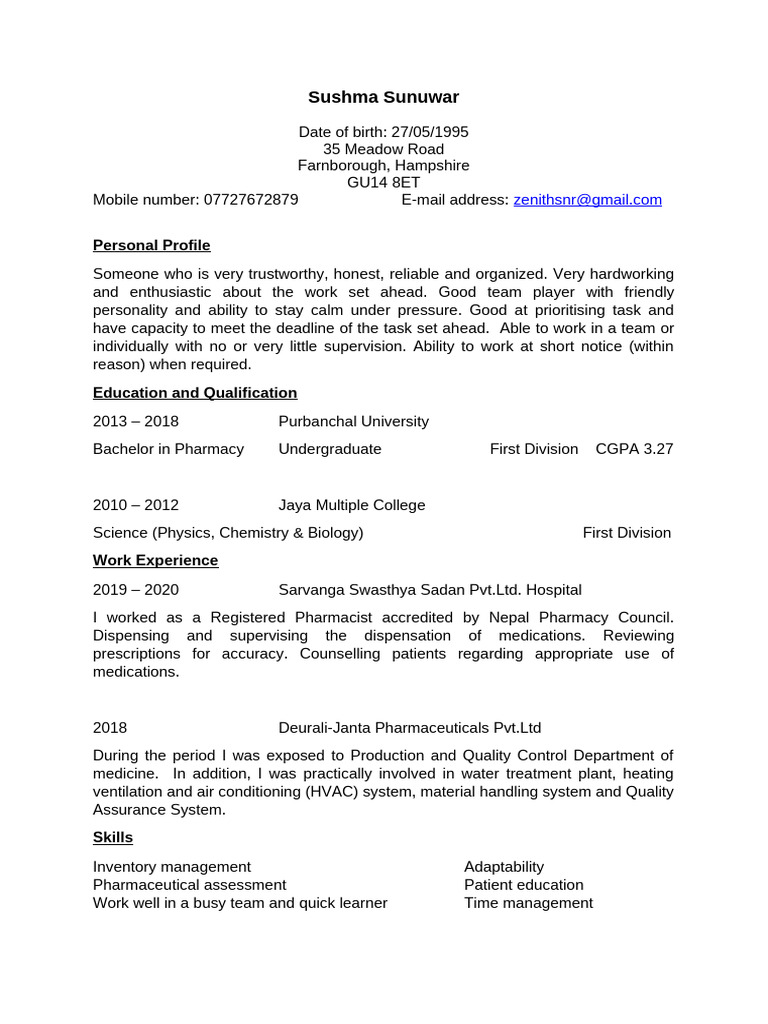 Sushma Sunuwar CV | PDF