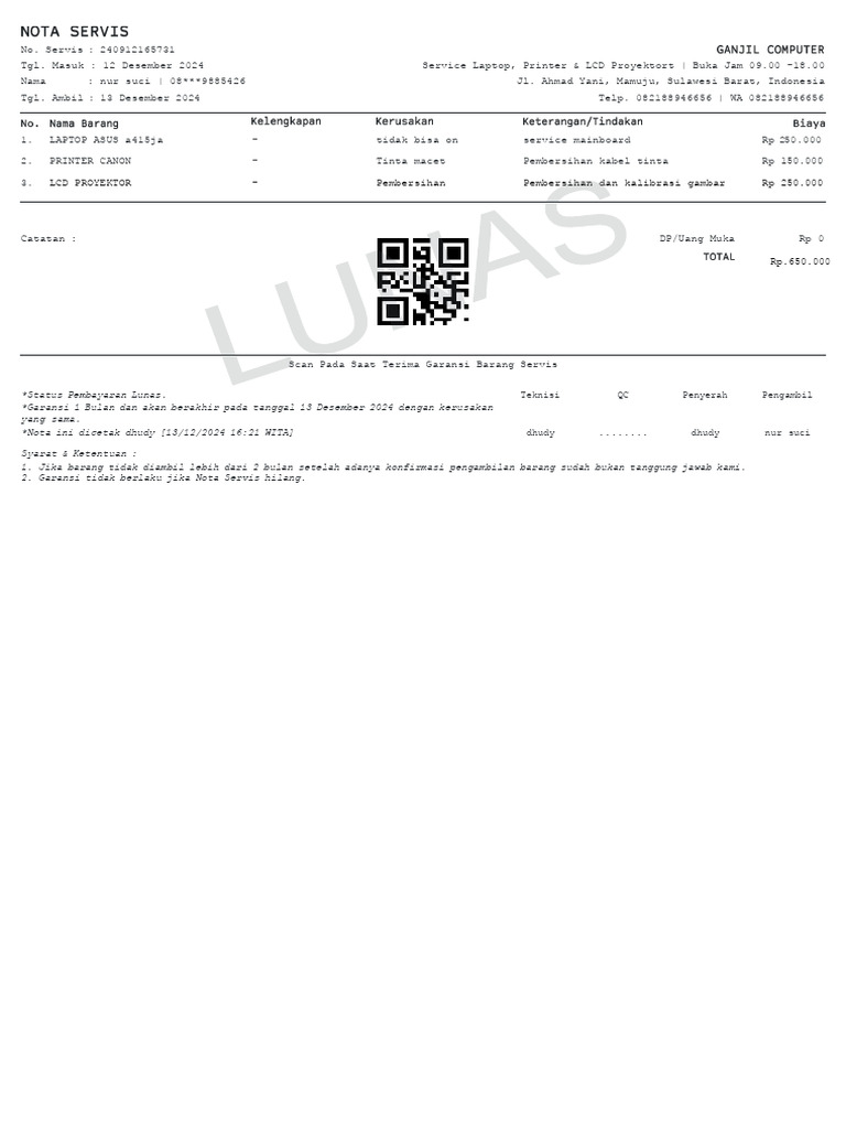 Nota Servis Laptop dan Printer 2024 | PDF